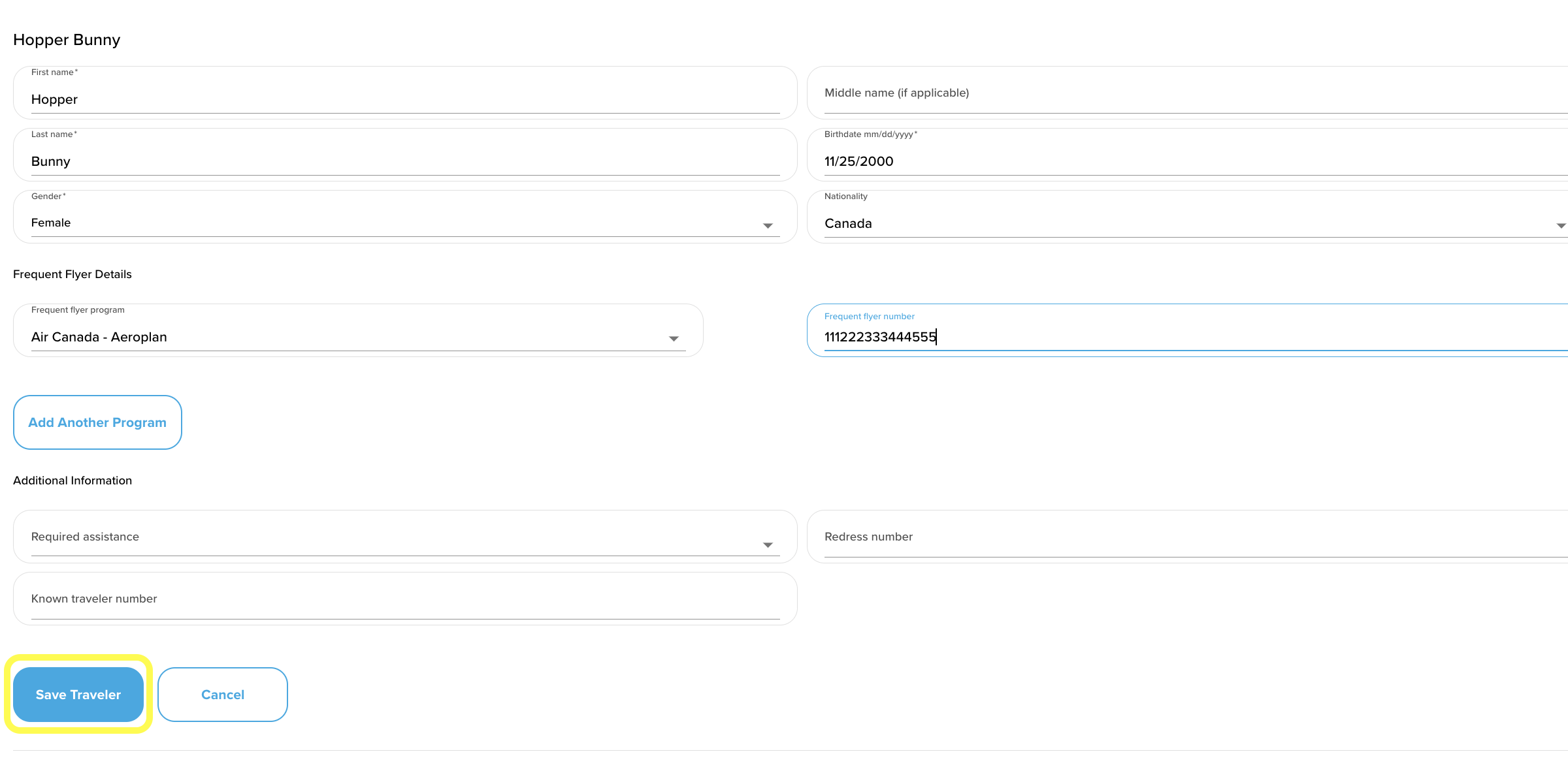 Can I add a frequent flyer number?